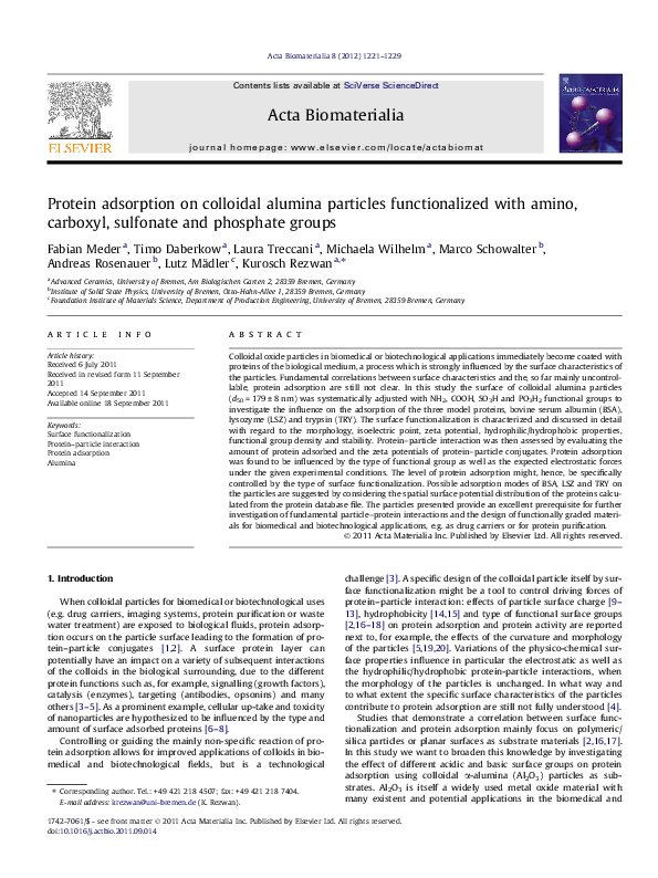 (PDF) Protein adsorption on colloidal alumina particles functionalized ...