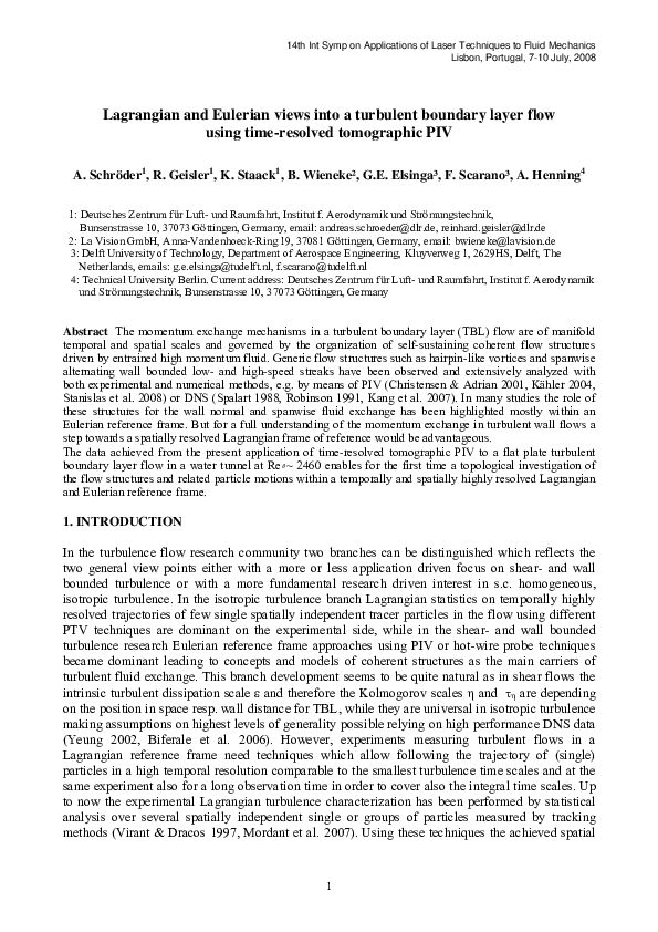 (PDF) Lagrangian and Eulerian views into a turbulent boundary layer flow using time-resolved ...