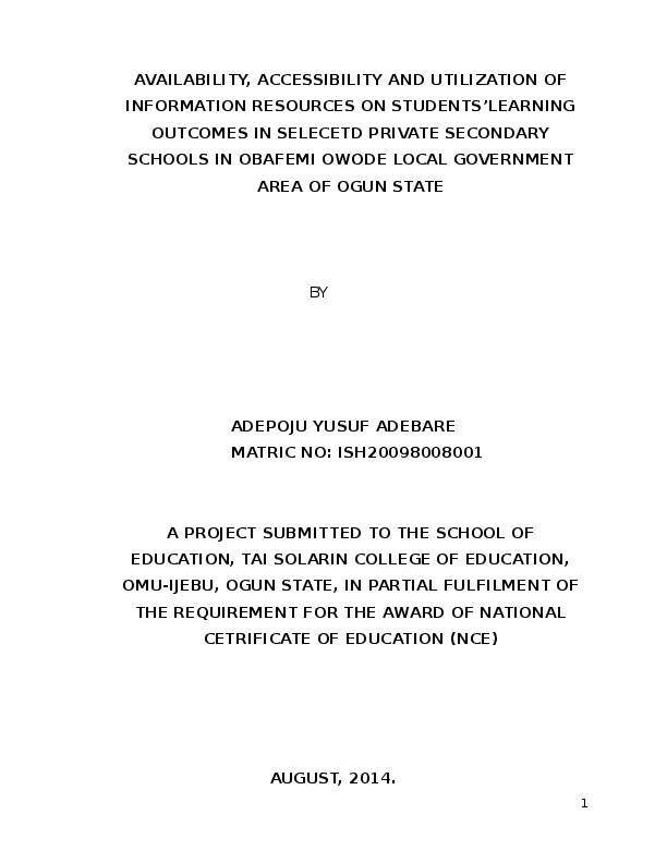 (DOC) AVAILABILITY, ACCESSIBILITY AND UTILIZATION OF INFORMATION RESOURCES ON STUDENTS'LEARNING ...