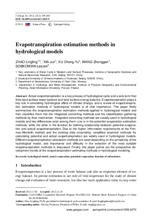 Pdf Evapotranspiration Estimation Methods In Hydrological Models
