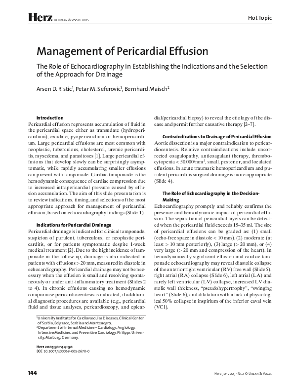 (PDF) Management of pericardial effusion the role of echocardiography ...