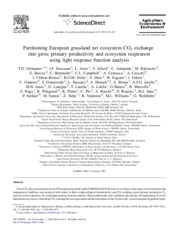 (PDF) Partitioning European grassland net ecosystem CO2 exchange into gross primary productivity ...