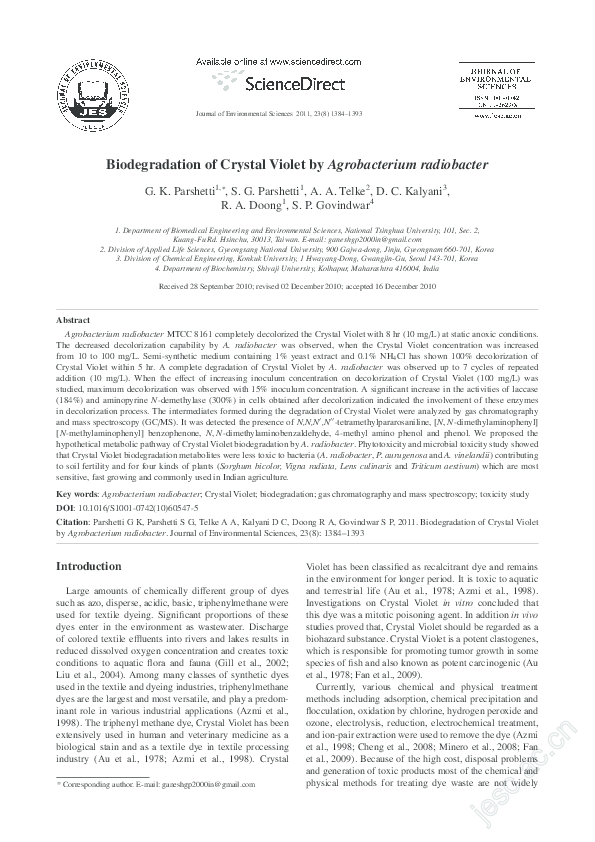 (PDF) Biodegradation of Crystal Violet by Agrobacterium radiobacter