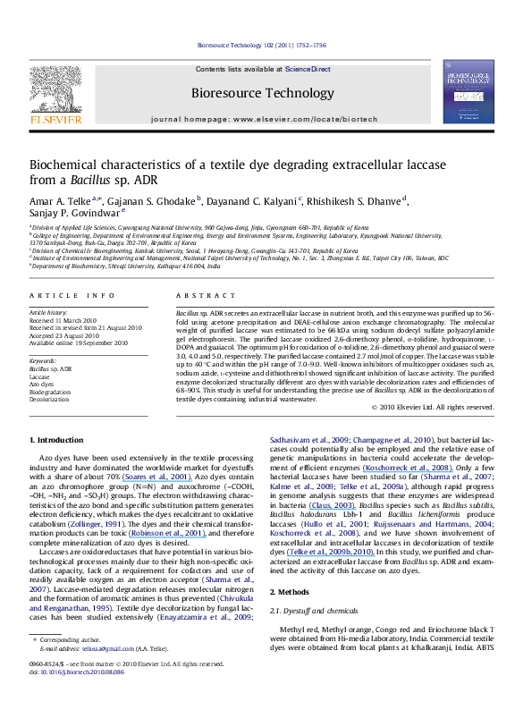 (PDF) Biochemical characteristics of a textile dye degrading ...