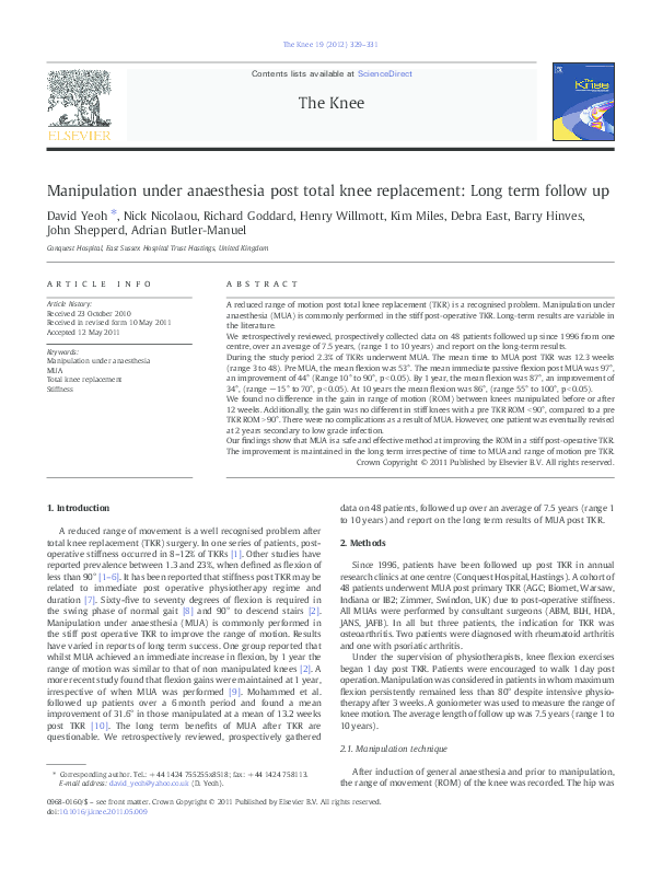 (PDF) Manipulation under anaesthesia post total knee replacement: Long ...