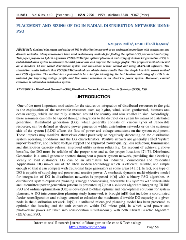 Pdf Dg Placement In Radial Networks Via Psoandhbmo
