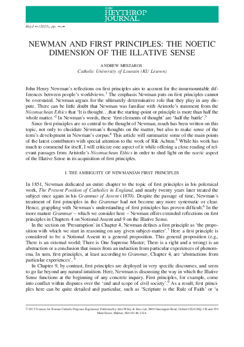 (PDF) Newman and First Principles: The Noetic Dimension of the Illative ...