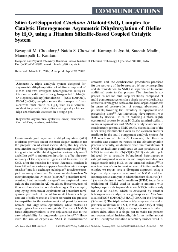 (PDF) Silica Gel-Supported Cinchona Alkaloid-OsO4 Complex for Catalytic ...