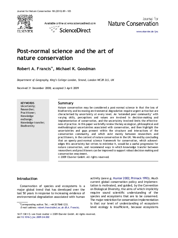 (PDF) Post-normal science and the art of nature conservation