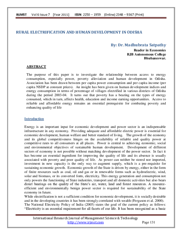 (PDF) RURAL ELECTRIFICATION AND HUMAN DEVELOPMENT IN ODISHA