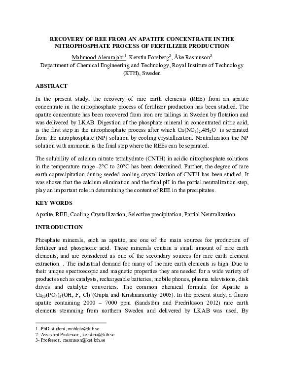(PDF) RECOVERY OF REE FROM AN APATITE CONCENTRATE IN THE NITROPHOSPHATE ...