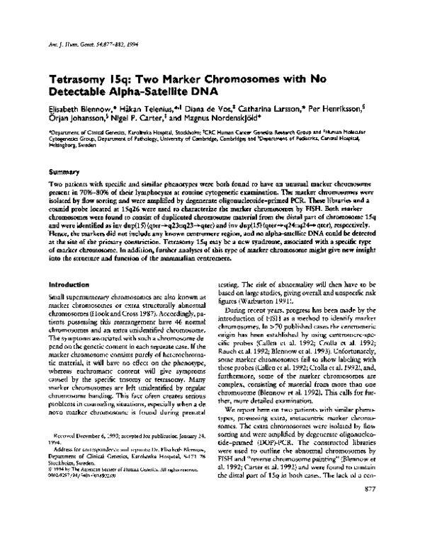 (PDF) Tetrasomy 15q: two marker chromosomes with no detectable alpha ...