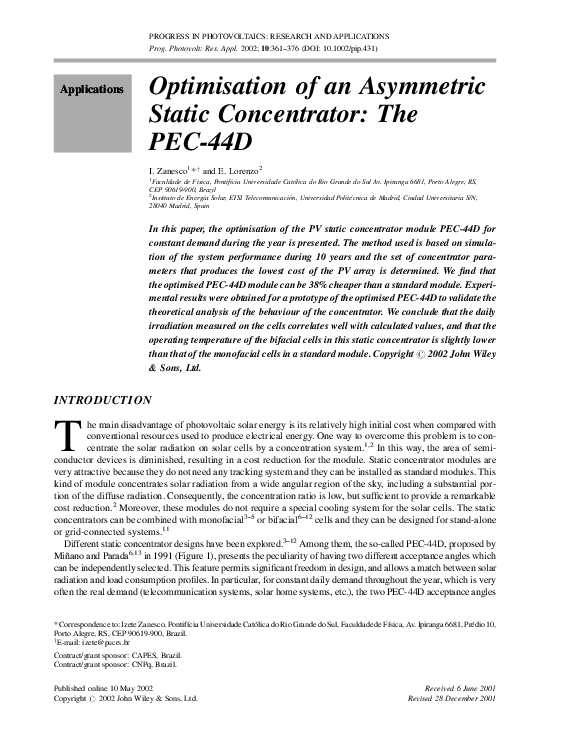 (PDF) Optimisation of an asymmetric static concentrator: the PEC-44D