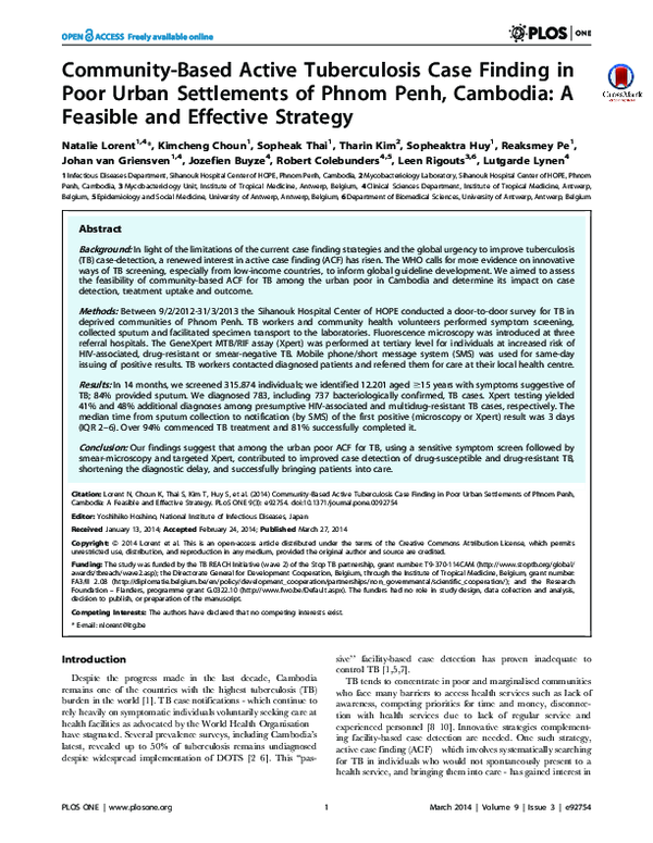(PDF) Community-Based Active Tuberculosis Case Finding in Poor Urban ...