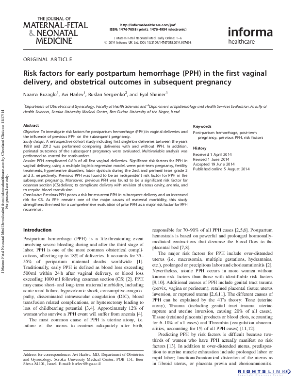 (PDF) Risk factors for early postpartum hemorrhage (PPH) in the first ...
