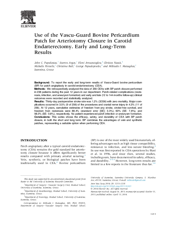 (PDF) Use of the Vascu-Guard Bovine Pericardium Patch for Arteriotomy ...