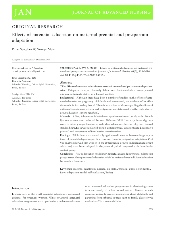 (PDF) Effects of antenatal education on maternal prenatal and postpartum adaptation