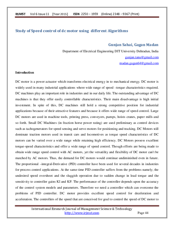 (PDF) Study of Speed control of dc motor using different Algorithms