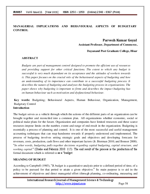 (PDF) MANAGERIAL IMPLICATIONS AND BEHAVIOURAL ASPECTS OF BUDGETARY CONTROL