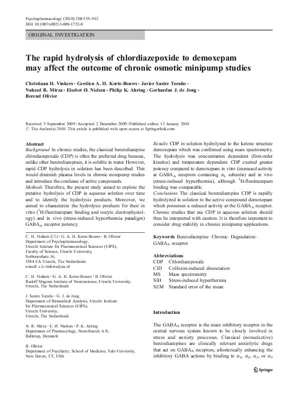 (PDF) The rapid hydrolysis of chlordiazepoxide to demoxepam may affect ...