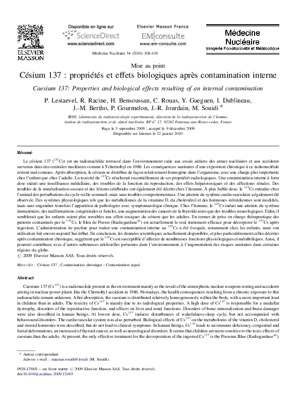 (PDF) Césium 137 : propriétés et effets biologiques après contamination ...