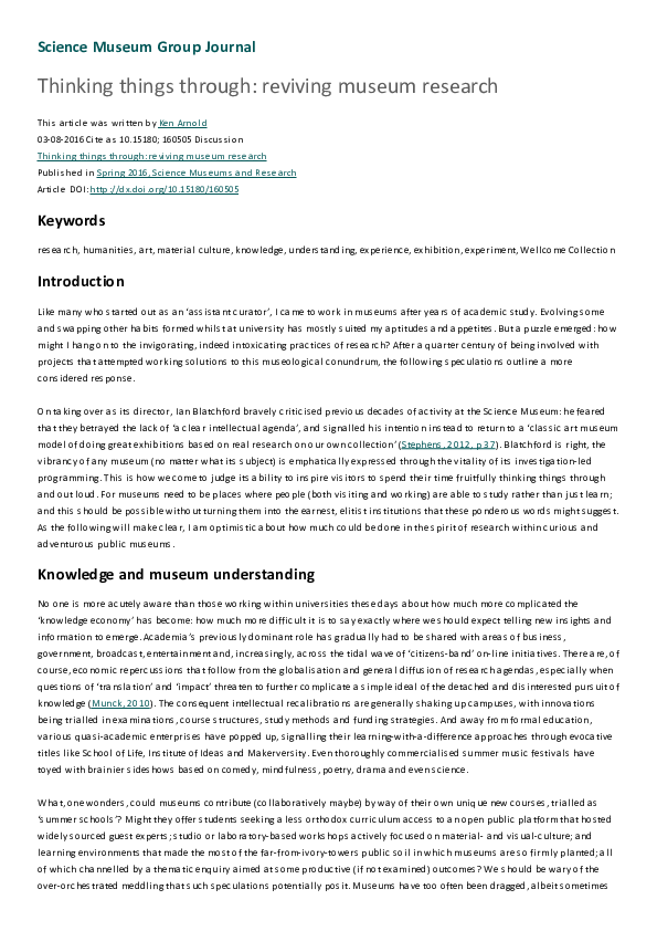 (PDF) Thinking things through: reviving museum research