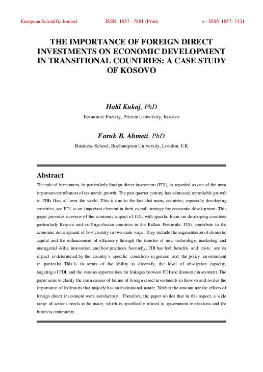 (PDF) THE IMPORTANCE OF FOREIGN DIRECT INVESTMENTS ON ECONOMIC ...