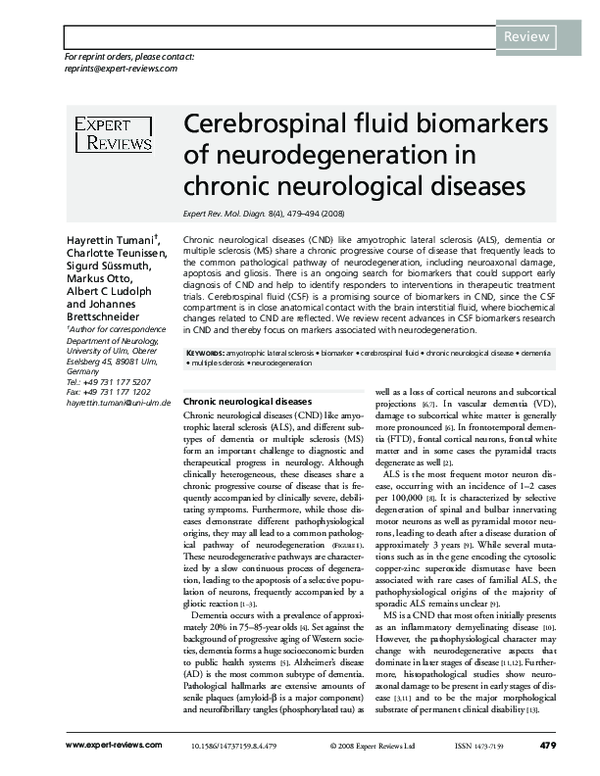 (PDF) Cerebrospinal fluid biomarkers of neurodegeneration in chronic neurological diseases
