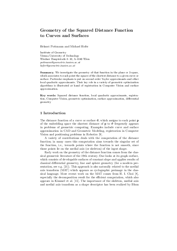(PDF) Geometry of the Squared Distance Function to Curves and Surfaces