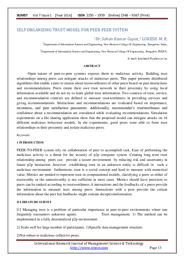 (PDF) SELF ORGANIZING TRUST MODEL FOR PEER-PEER SYSTEM