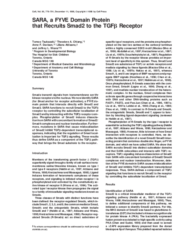 (PDF) SARA, a FYVE Domain Protein that Recruits Smad2 to the TGF Receptor