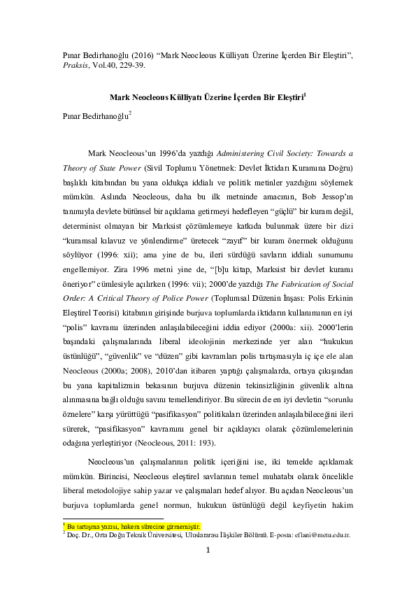 (PDF) Mark Neocleous Külliyatı Üzerine İçerden Bir Eleştiri