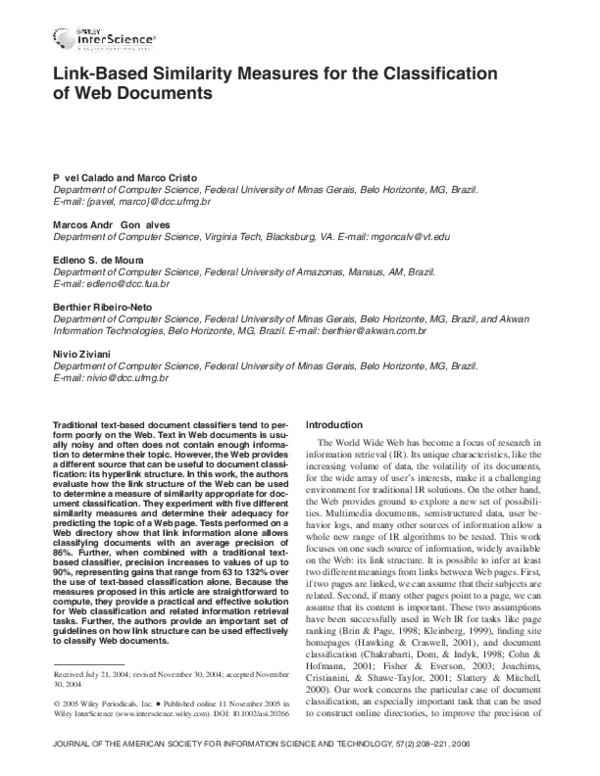 (PDF) Link-based similarity measures for the classification of Web documents | N. Ziviani ...