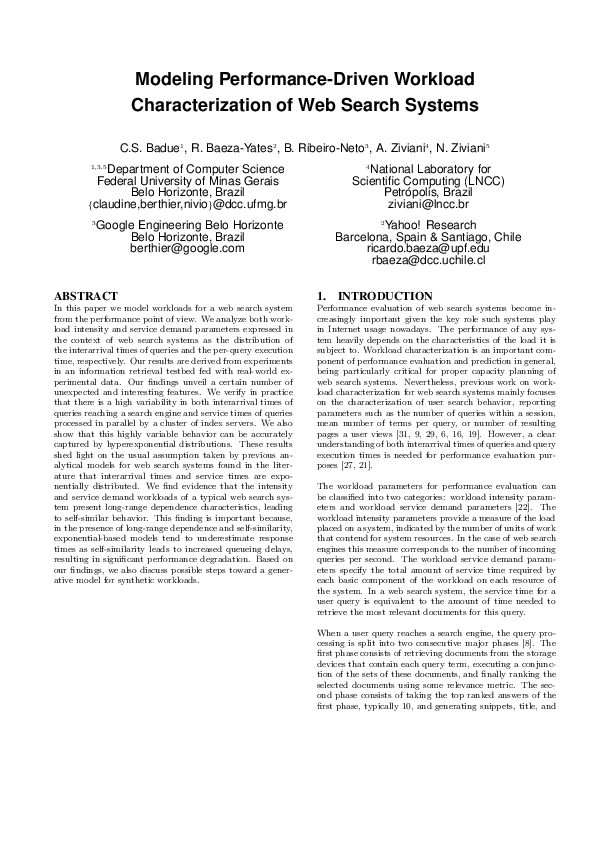 Pdf Modeling Performance Driven Workload Characterization Of Web Search Systems
