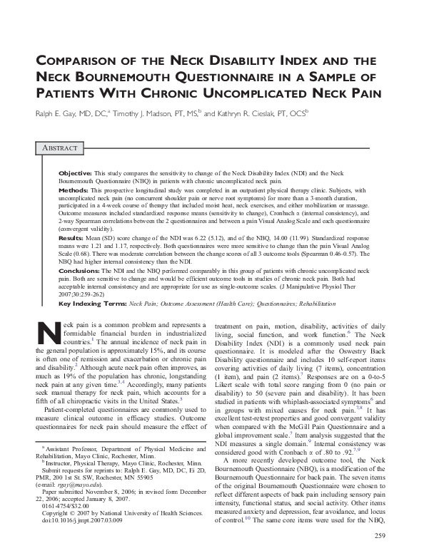 (PDF) Comparison of the Neck Disability Index and the Neck Bournemouth ...