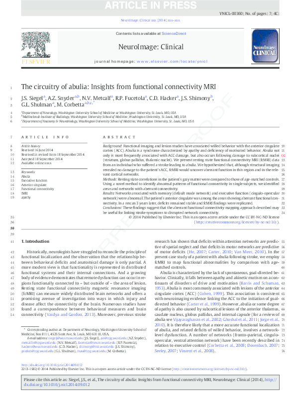 (PDF) The circuitry of abulia: insights from functional connectivity MRI