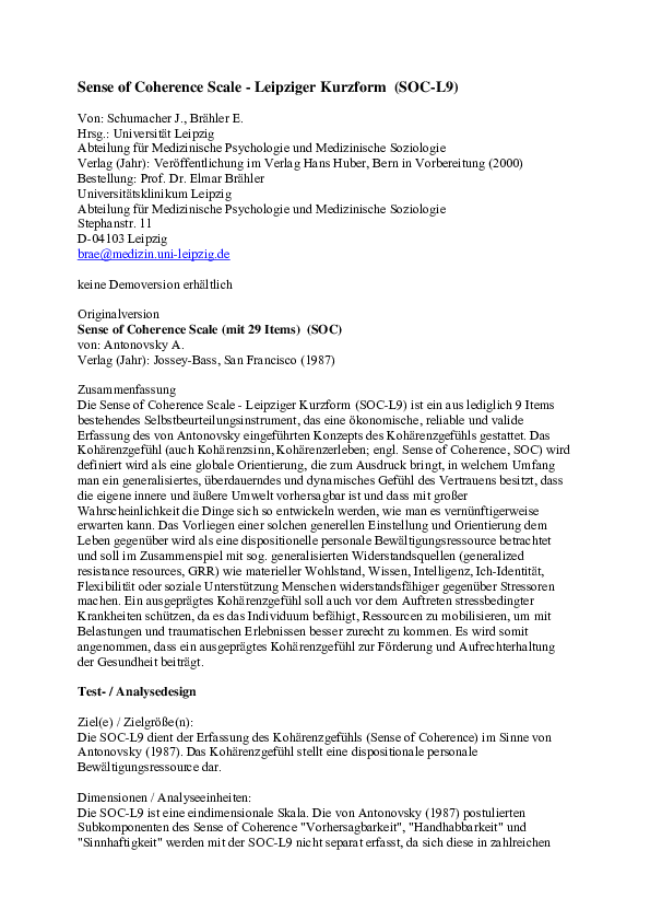 (PDF) Sense of Coherence Scale - Leipziger Kurzform (SOC-L9)