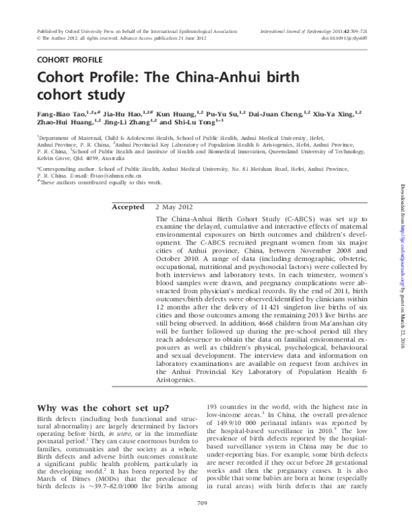 (PDF) Cohort Profile: The China-Anhui birth cohort study