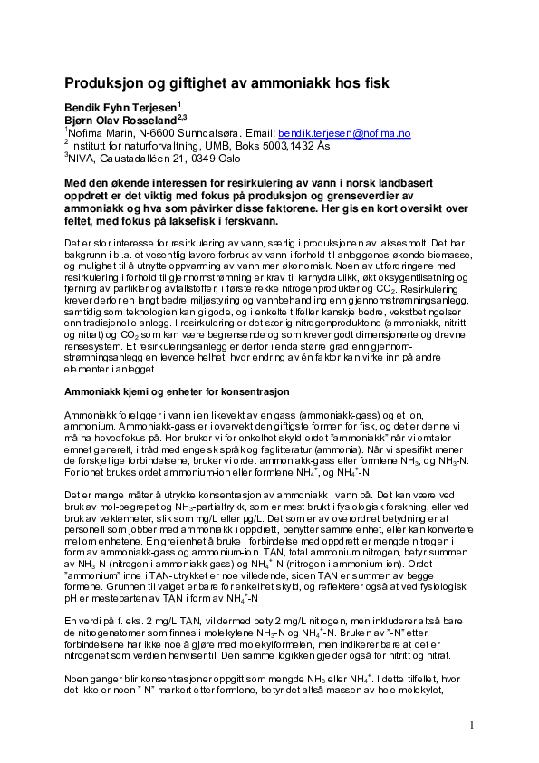 (PDF) Produksjon og giftighet av ammoniakk hos fisk