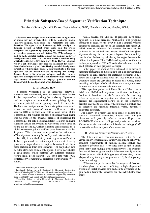 Pdf Principle Subspace Based Signature Verification Technique