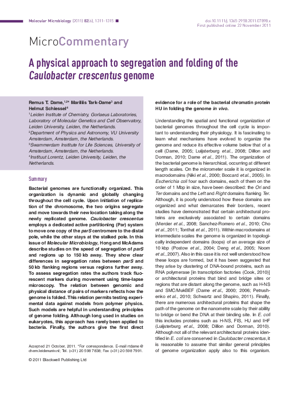 (PDF) A physical approach to segregation and folding of the Caulobacter crescentus genome