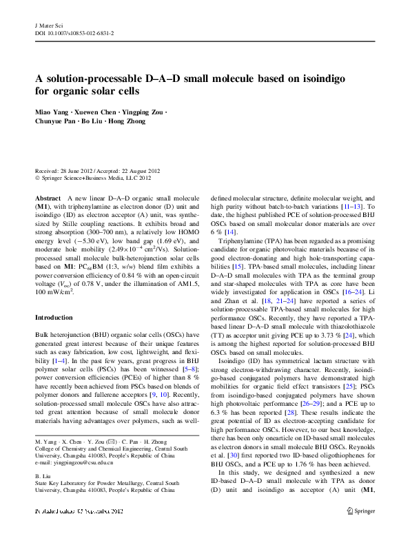 (PDF) A solution-processable D–A–D small molecule based on isoindigo ...