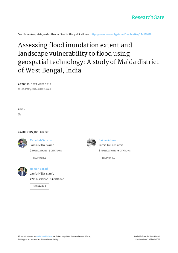Pdf Assessing Flood Inundation Extent And Landscape Vulnerability To Flood Using Geospatial