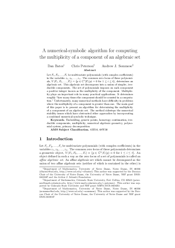Pdf A Numerical Symbolic Algorithm For Computing The Multiplicity Of A Component Of An