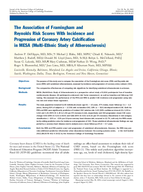 (PDF) The Association of Framingham and Reynolds Risk Scores With ...
