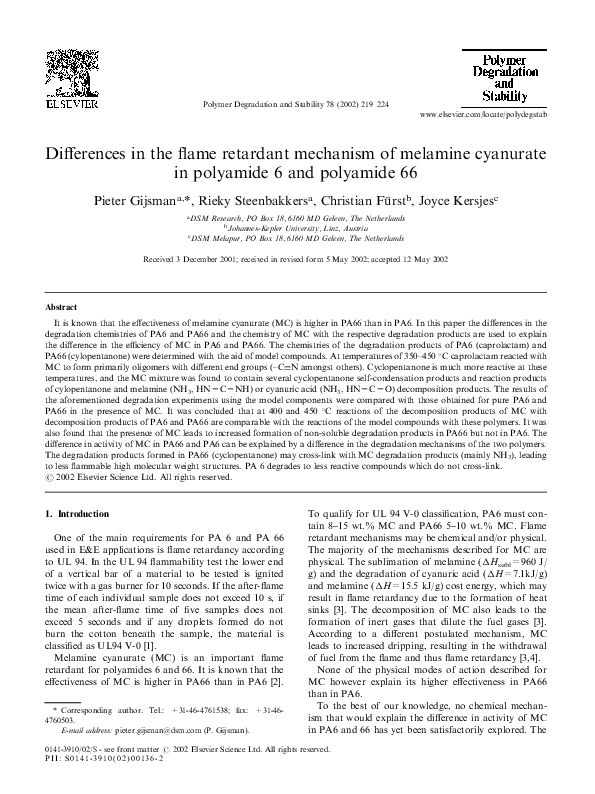 (PDF) Differences in the flame retardant mechanism of melamine cyanurate in polyamide 6 and ...