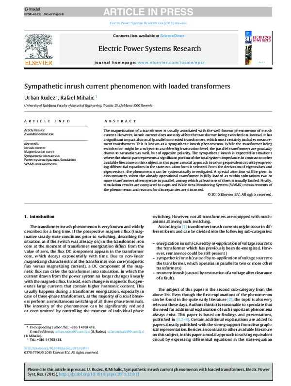 (PDF) Sympathetic inrush current phenomenon with loaded transformers