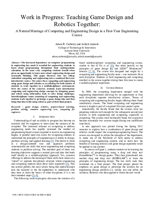 (PDF) Work in progress: Teaching game design and robotics together: A natural marriage of ...