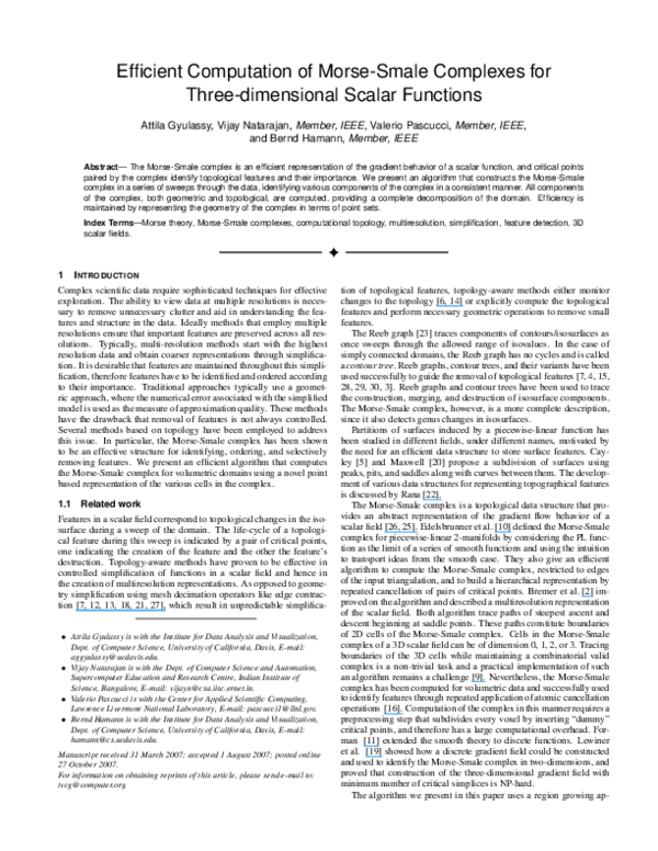Pdf Efficient Computation Of Morse Smale Complexes For Three Dimensional Scalar Functions