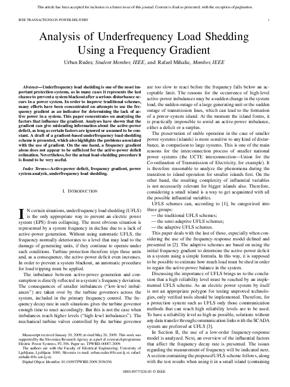 (PDF) Analysis of Underfrequency Load Shedding Using a Frequency Gradient